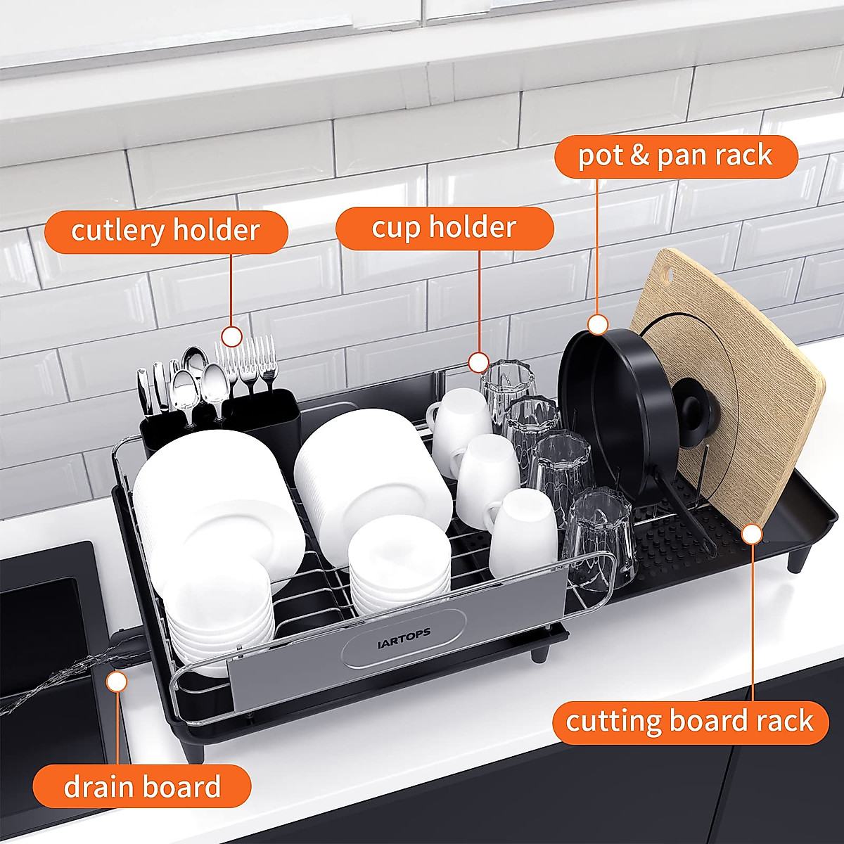 IARTOPS Dish Drying Rack, Dish Rack for Kitchen Counter, Expandable Stainless Steel Dish Strainer with Drainboard, Large Capacity Dish Drainer with Glass Holder, Utensil Holder