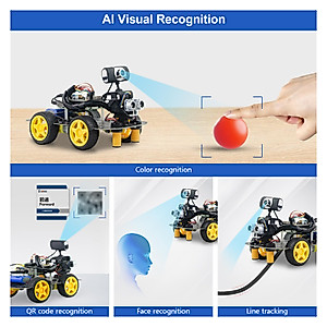 Smart Robot Car Kit for Raspberry Pi 5/3B/3B+/4B,Upgraded AI Visual Color,QR Code,Face Recognition,Line Tracking,Obstacle Avoidance,Electronic DIY Kit for Teens and Adults(Raspberry Pi Not Included)