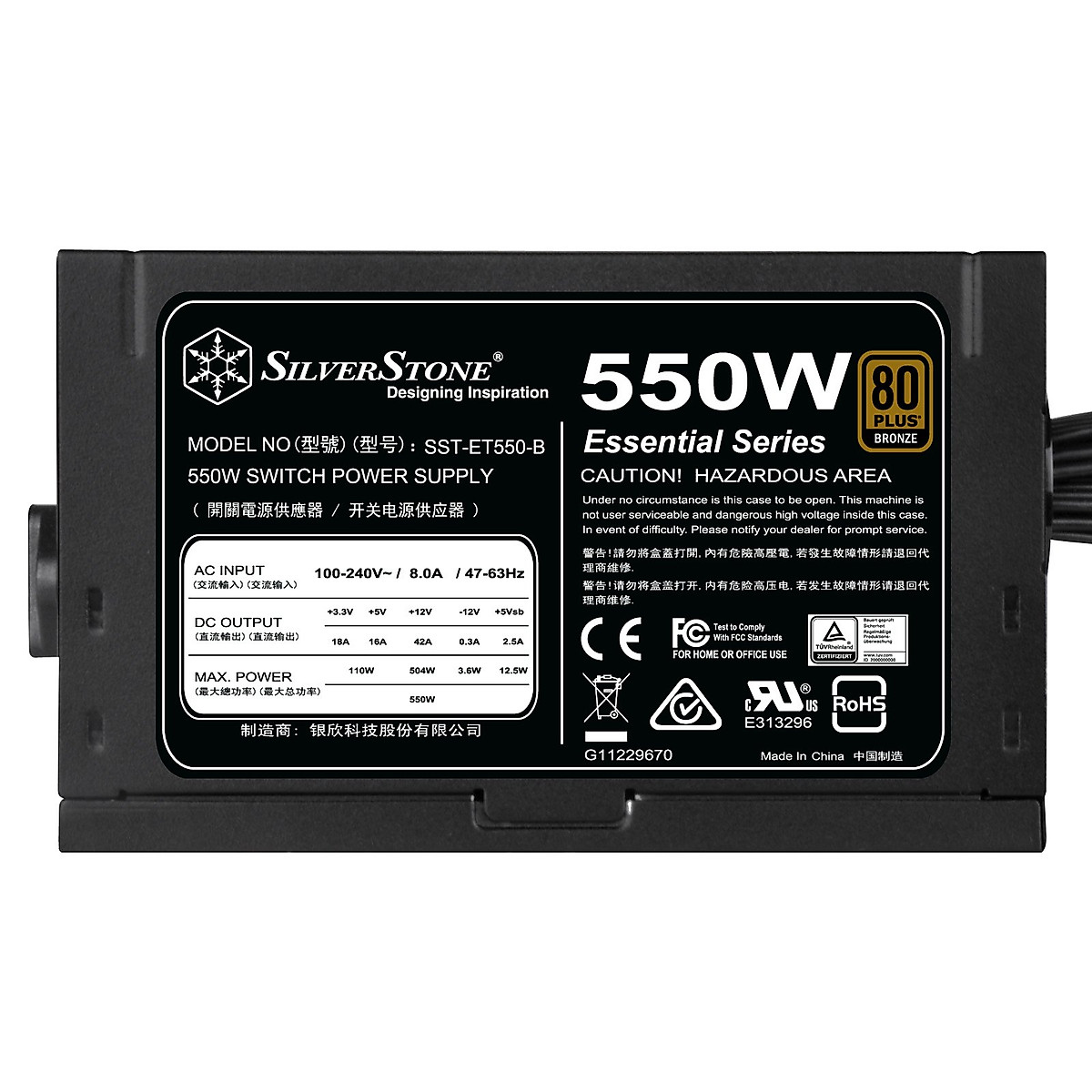 SilverStone Technology 550 Watt 80 Plus Bronze ATX PSU with Flat Black Cables ET550-B Power Supply, SST-ET550-B