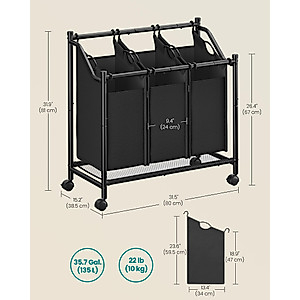 SONGMICS Laundry Sorter, Rolling Laundry Basket with 3 Removable Bags, Laundry Hamper, Laundry Cart, for Laundry Room, Bedroom, Bathroom, 3 x 11.9 Gallons, Ink Black URLS102B01