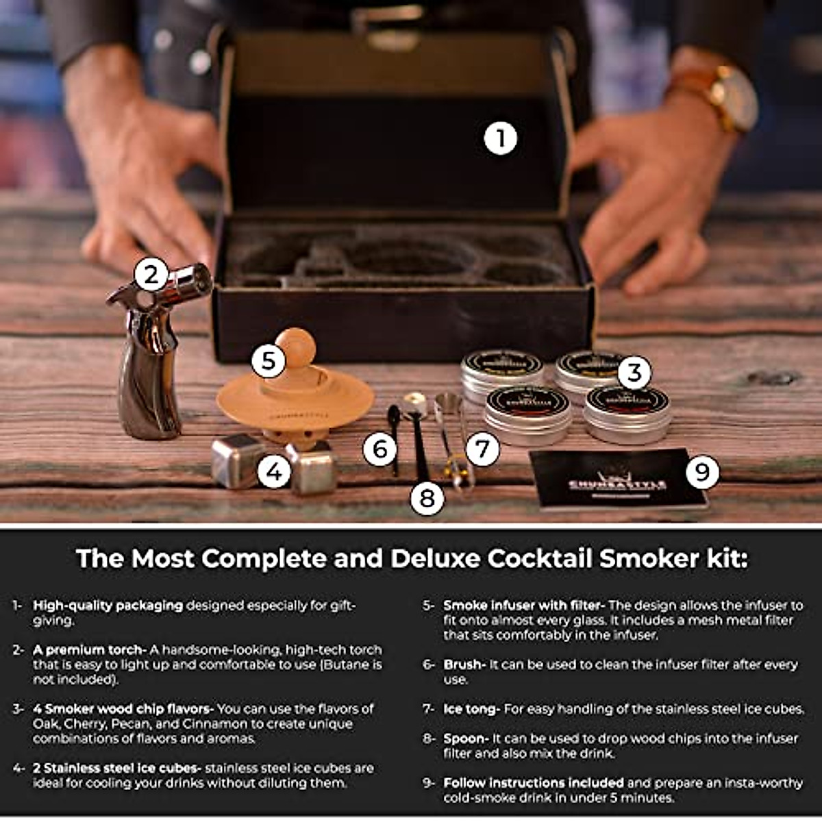Chunba Style Cocktail Smoker Kit with Torch, 4 Wood Chips Flavors, 11pcs Deluxe Set for Whiskey, Bourbon Old Fashioned Drink Smoker Lovers. Unique Gift for Men, Father, Husband and Friends (No Butane)