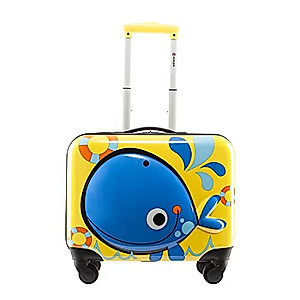 GinzaTravel 3D Little Whale Cute Children's Luggage Sit and Ride Trolley Case 18-inch Universal Wheel Travel Case for Boys and Girls