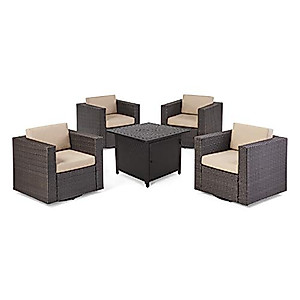 Christopher Knight Home Karen Outdoor 4 Seater Wicker Swivel Chair and Fire Pit Set, Dark Brown + Beige + Matte Black