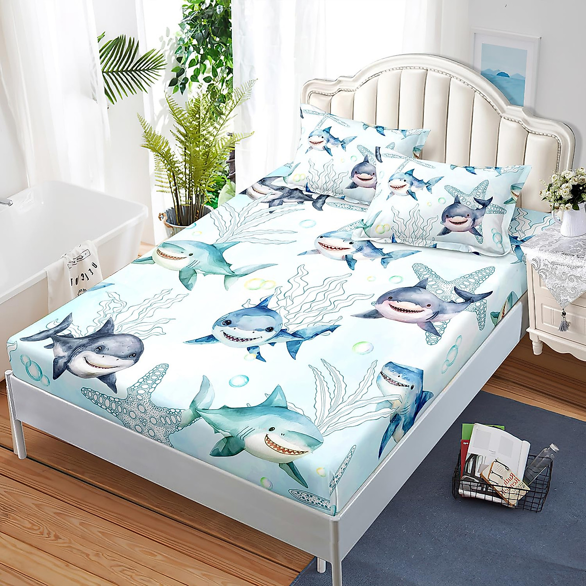 AILONEN Shark Fitted Sheet Set Twin Size, Ocean Shark Bed Sheet Set for Boys Kids,Blue Starfish Shark Fitted Sheet with 2 Pillowcases,3 Pieces Bed Sheet Set