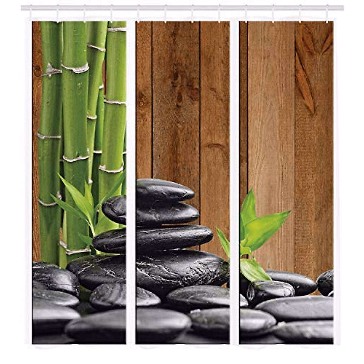 Ambesonne Art Decor Collection, Spa Zen Basalt Stones and Bamboo Trees Picture Print, Polyester Fabric Bathroom Shower Curtain Set with Hooks, Green/Dark Gray/Brown