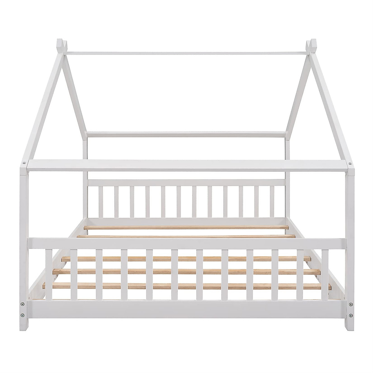 Full House Beds White Montessori Bed Wood Frame Kids Platform Bed with Headboard & Footboard for Children Boys Girls Teens