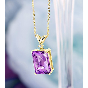 Gem Stone King 7.22 Cttw Purple Amethyst and White Diamond Pendant Necklace For Women In 18K Yellow Gold Plated Silver | Emerald Cut 14X10MM | Gemstone Birthstone | With 18 Inch Chain