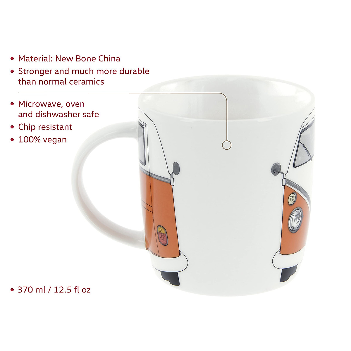BRISA VW Collection - Volkswagen Large Ceramic Coffee-Tea-Cappuccino Mug Cup in T1 Bus Design (370 ml/12.5 fl oz/Bus Front) (Orange)