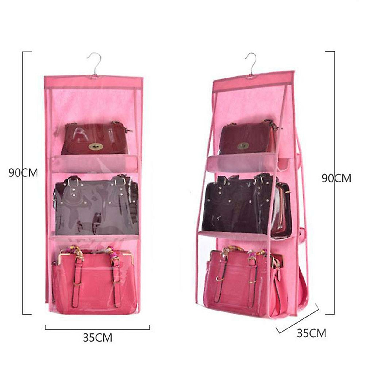 Luck Dawn Hanging Handbag Purse Organizer - Transparent Dust-Proof Wardrobe Closet Storage Bag for Clutch with 6 Larger Pockets (Pink)