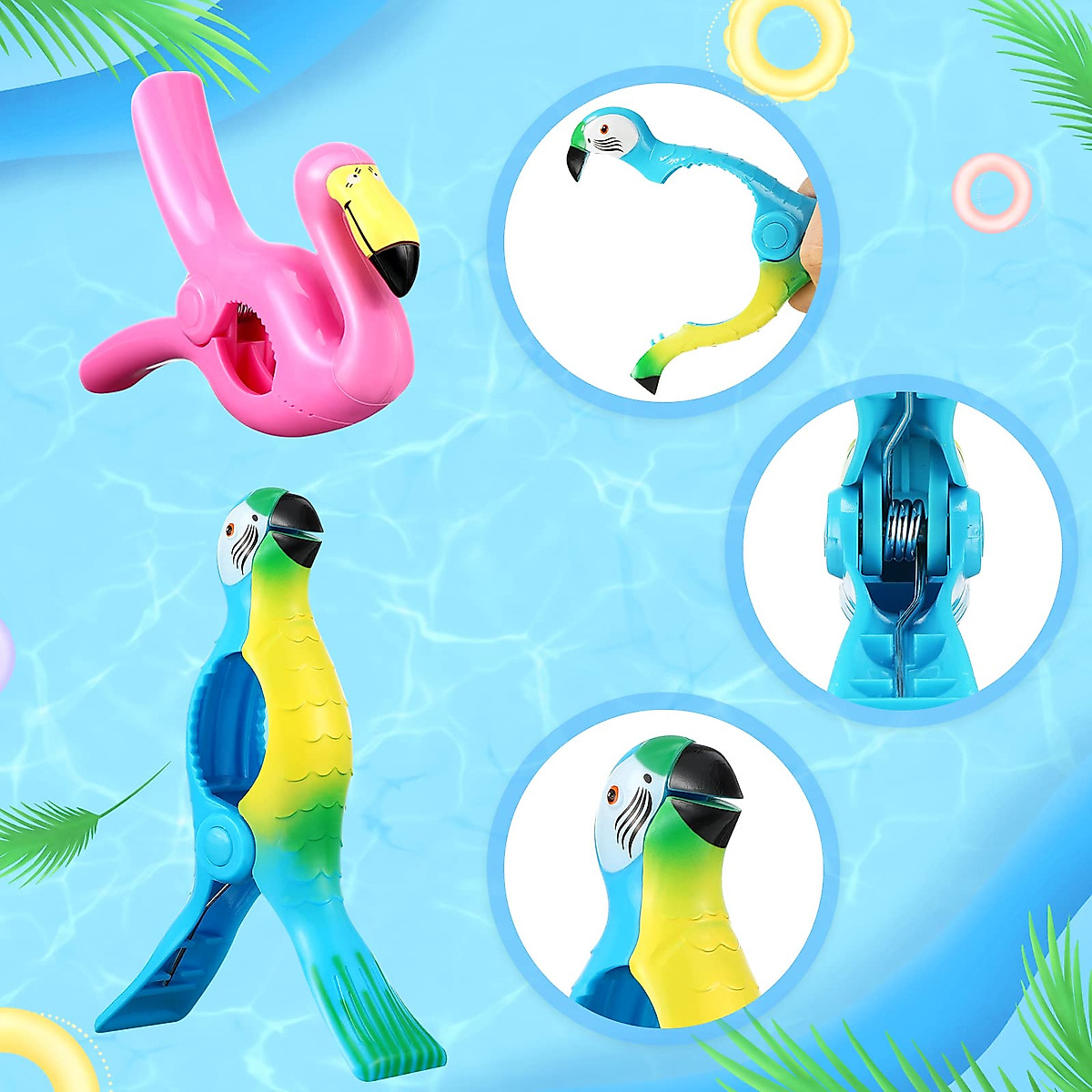 20 Pcs Beach Towel Clips Plastic Beach Chair Clips Flamingo Parrot Watermelon Pineapple Ice Cream Portable Swimming Pool Towel Holder Funny Clothespins for Christmas Party Gift Pool Blanket Decoration