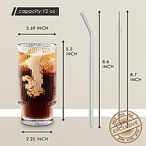 Gracenal Ribbed Glass Cups with Straws 12oz, Drinking Glasses Set of 4, Ribbed Glassware, Cocktail Glasses, Vintage Glassware, Whiskey Glasses, Coffee Bar Accessories, Iced Coffee Cups for Cute Gifts