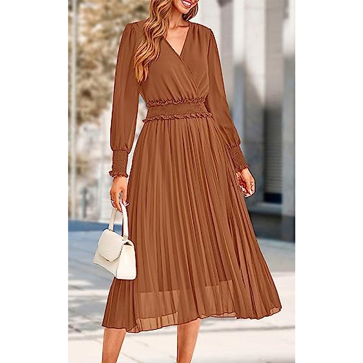 PRETTYGARDEN Wrap V Neck Fall Dresses for Women 2023 Long Sleeve Smocked Wedding Guest Dresses Flowy Pleated Midi Dress (Brown,X-Large)
