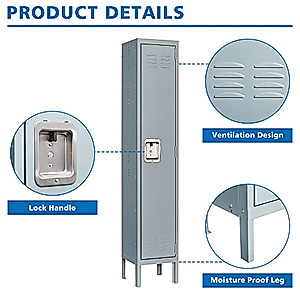 BYNSOE Metal Locker 1 Doors Employees Locker Storage Cabinet Locker School Hospital Gym Locker Requires Assembly (Grey, 1 Door)