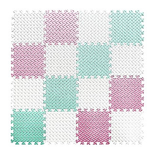 Tamiplay 16 Tiles Foam Play Mat, 0.4 Inch Thicked Interlocking Floor Mats with Solid Colors, Squares Baby Play Mat, EVA Foam Puzzle Floor Mat Foam Mats for Kids, Baby, Toddlers(White/Pink/Bean Green)