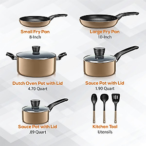 SereneLife Kitchenware Pots & Pans Basic Kitchen Cookware, Black Non-Stick Coating Inside, Heat Resistant Lacquer (11-Piece Set), One Size, Gold