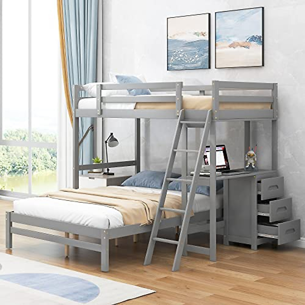 Twin Over Full Wood Bunk Bed Frame Loft Beds with Built-in Desk and Three Drawers, No Box Spring Needed, Gray