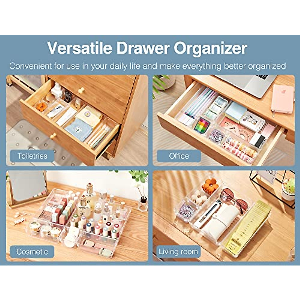 Puroma 18Pcs Drawer Organizer Set 4-size Versatile Vanity and Bathroom Drawer Organizers, Clear Plastic Desk Drawer Organizer Trays and Customize Layout Storage Bins for Makeup Kitchen Office (Clear)