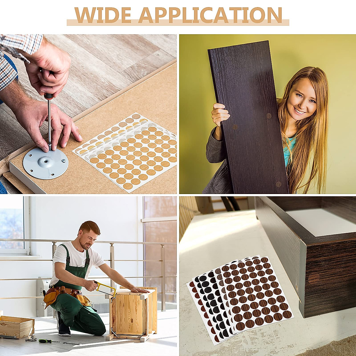 864 Pieces Screw Covers Wood Stickers for Furniture, 0.83 Inch Screw Hole Stickers Waterproof PVC Cover Caps Adhesive Wood Grain Stickers for Screw Holes Wall Cabinets Bookcase Desk (Basic Color)