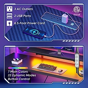 Bestier Gaming Desk with LED Lights & Power Outlets, 63 inch U Shaped Computer Desk with Monitor Stand & Storage Shelves, PC Desk with Cup Holder & Hook for Home Office, Black 3D Carbon Fiber