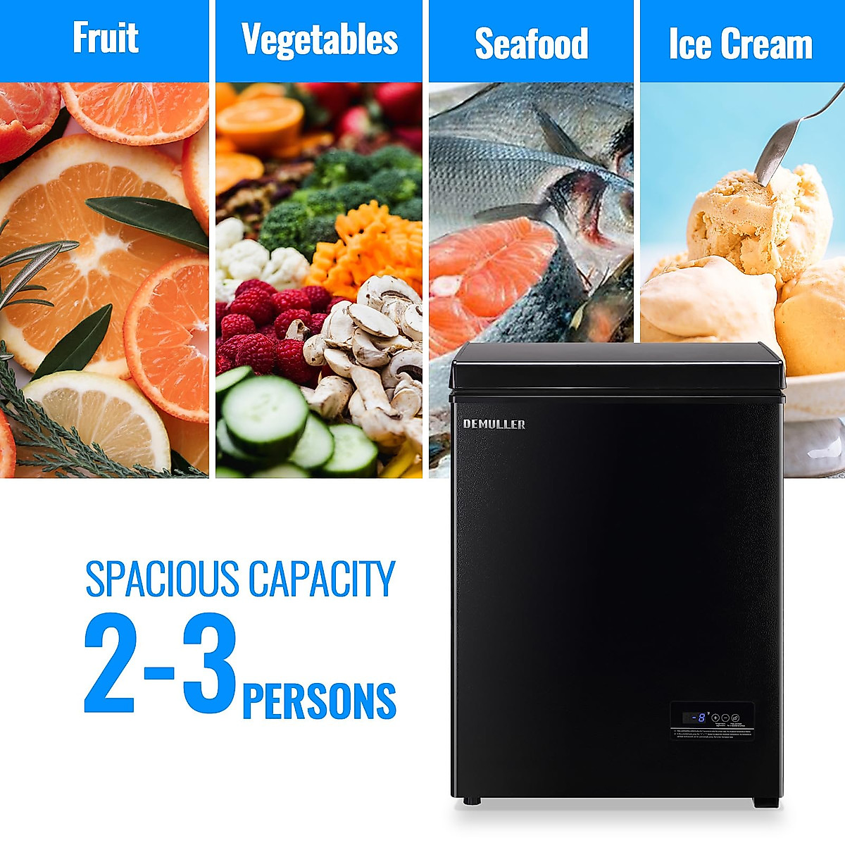 Chest Freezer 3.5 CU.FT DEMULLER Compact Deep Freezing Machine with Electronic Temperature Control (Accurate to 1 ℉) Freestanding Small Fridge Freezer with 2 Removable Storage Baskets Black