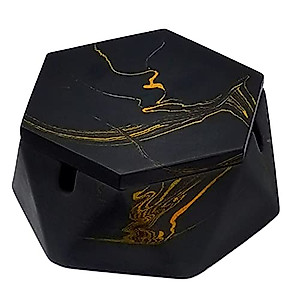 FREELOVE Concrete Ashtray with Lid & Stainless Steel Ashtrays for Cigarettes, Accelerated Cement Ash Tray Raw Weed Smoking Holders Indoor Outdoor Patio Home Office Cool Geometry Decor, Black-Gold A