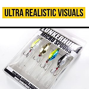 Lunkerhunt Micro Spoon Fishing Lures (4-Pack) | Spoon Fishing Bait Saltwater for Bass Fishing and Trout | Fishing Spoons Lures with Trebles Hooks (Feeding)