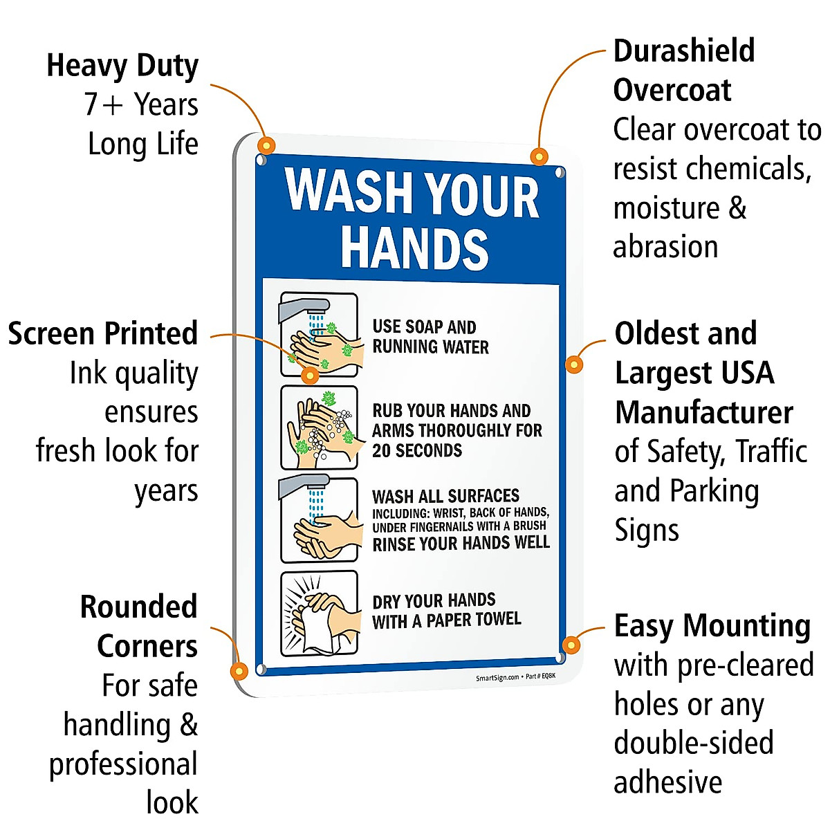 SmartSign 10 x 7 inch “Wash Your Hands” Metal Sign with Instructions, Screen Printed, 40 mil Laminated Rustproof Aluminum, Multicolor, Made in USA