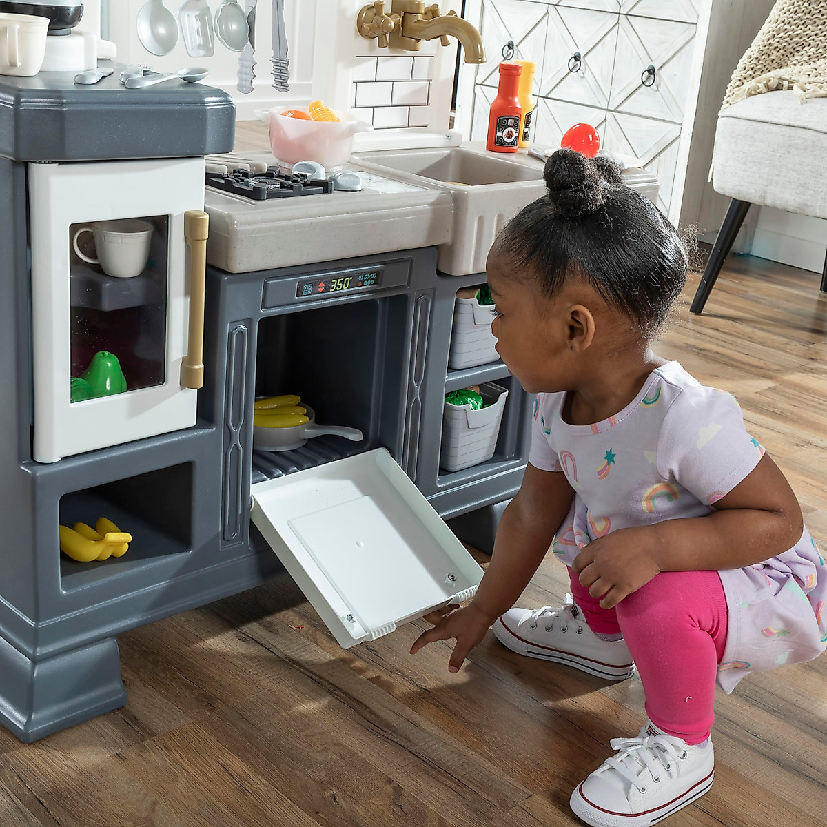 Step2 Gilded Gourmet Kitchen Playset for Kids, Indoor/Outdoor Play Kitchen Set, Toddlers 2+ Years Old, 20+ Piece Kitchen Toy Set, Easy to Assemble, White, Blue, Gray