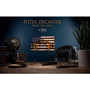 Pistol Whiskey Decanter Set of 2 300ml On American Flag Wall Rack by The Wine Savant - Tik Tok Gun Decanter, Veteran Gifts, Military Gifts, Home Bar Gifts, Law Enforcement Gifts