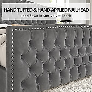 AMERLIFE Queen Size Platform Bed Frame, Velvet Upholstered Bed with Deep Button Tufted & Nailhead Trim Wingback Headboard/No Box Spring Needed/Grey