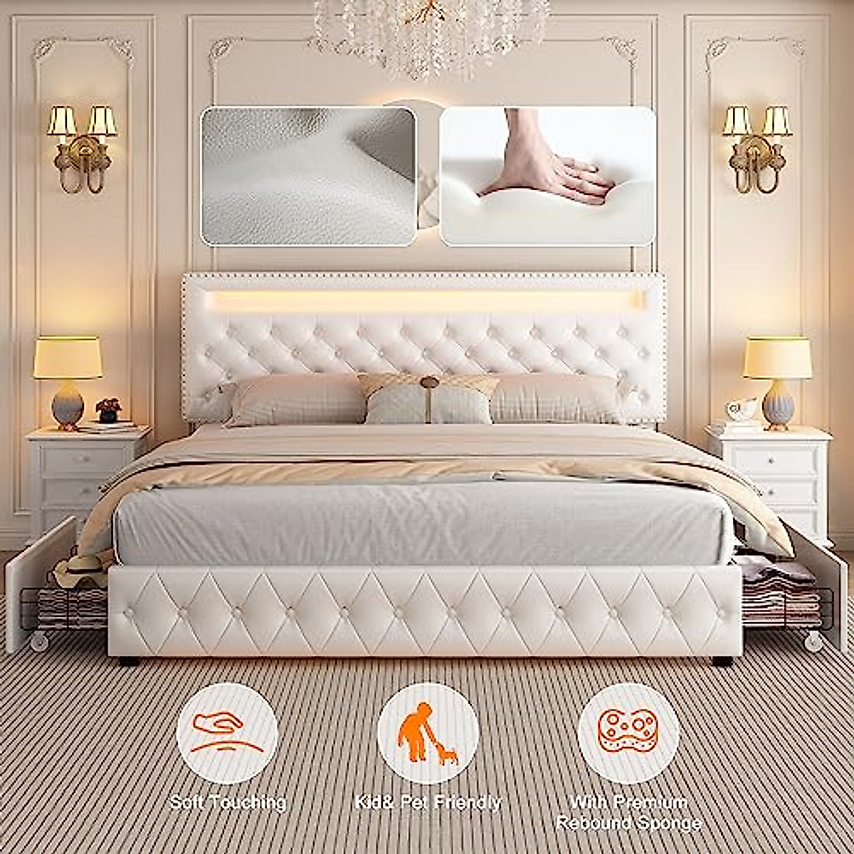 Queen Led Bed Frame with 4 Storage Drawers, with Smart Control RGBW LED Lights Headboard Footboard, Control DIY Color, Box Spring Optional, PU White