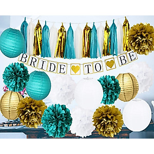 Furuix Bride Shower Decorations Bride to Be Banner White Teal Gold Tissue Pom Pom Paper Lanterns Tassel Garland for Hen Party/Bachelorette Party Decorations Kit - Bridal Shower Supplies
