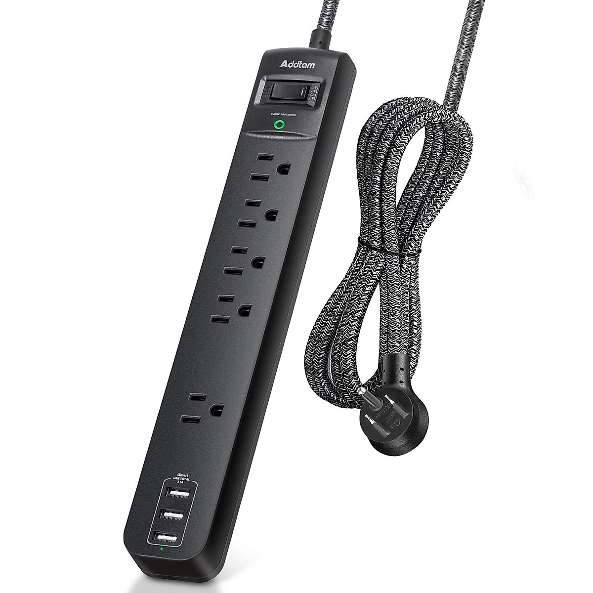 10 Ft Power Strip Surge Protector- 5 Outlets 3 USB Ports, Flat Plug Braided Extension Cord, Overload Surge Protection, Wall Mount for Hotel, Home and Office.