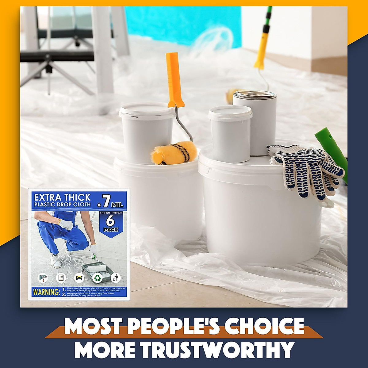 K212M 6Pcs 9x12 Ft Plastic Drop Cloths, 0.7Mil Thick, Waterproof & Dust-Proof Tarp for Painting, Disposable Sheeting for Furniture, Floor, and Couch Protection - Durable Painter’s Cover