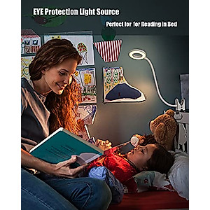 EYOCEAN LED Clip on Light Reading Light, USB Eye-Care Reading Light for Headboard, 3 Modes & 10 Dimming 7W Clamp Desk Lamp, 360°Flexible Gooseneck Night Light(Adapter Included), White