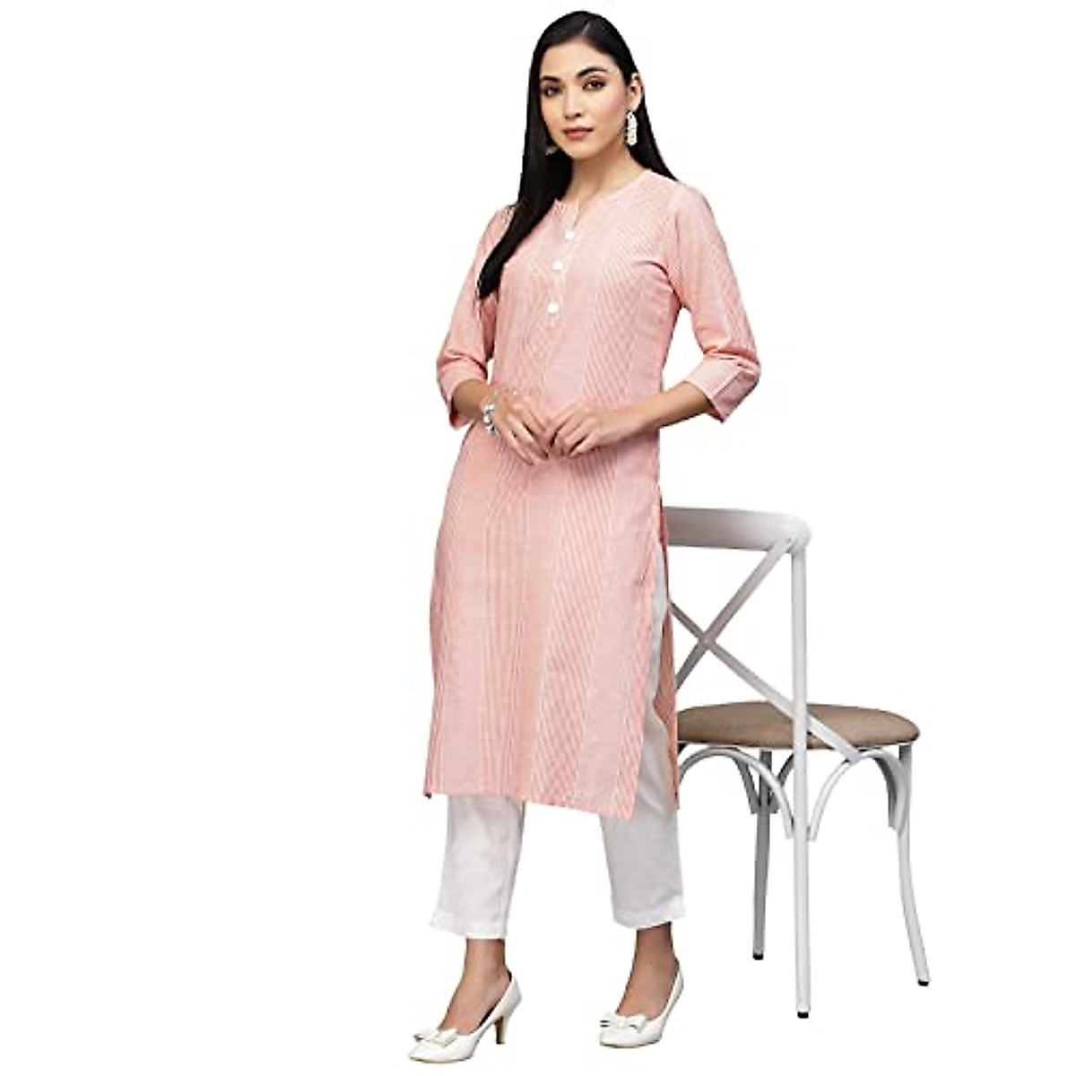 ROYALINK Women Indian Party wear Indian Women's Tunic Tops Cotton Peach Kurta for girls (as1, alpha, m, regular, regular)