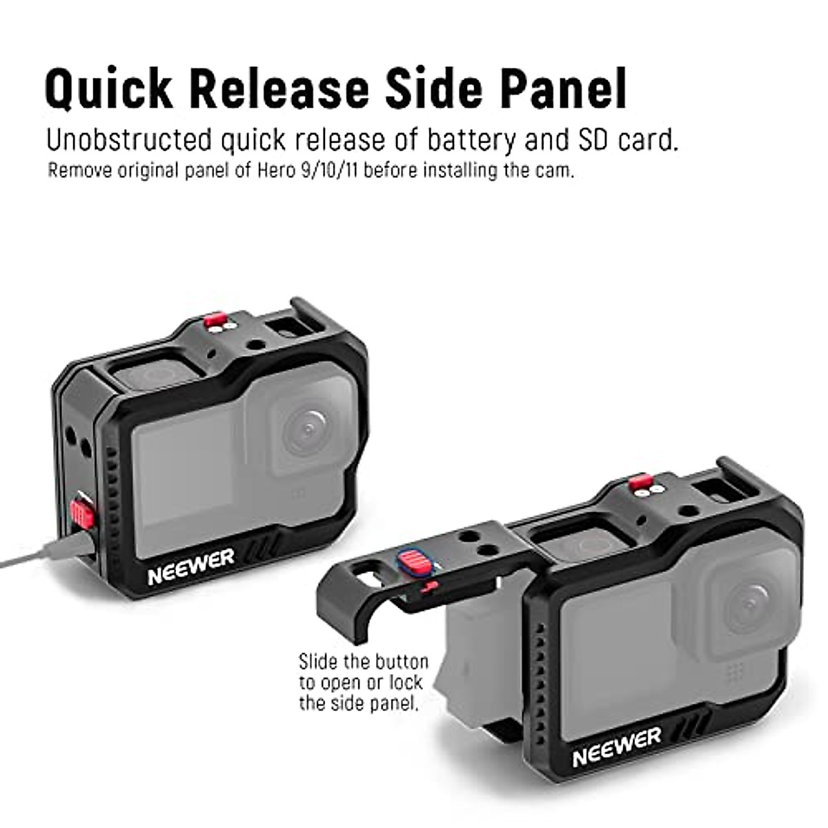 NEEWER Hero11 Cage / Hero10 Cage / Hero9 Vlog Cage, All Metal Form Fitting Video Cage with 1/4" Threads & Cold Shoes, Supports Max Lens Mod, Compatible with GoPro SmallRig Accessories (ST46)