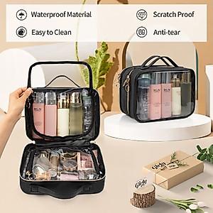 OCHEAL Makeup Bag, Double Layer Cosmetic Bag, Large Capacity New Look Clear Cosmetic Case for Women Travel Beauty Essentials, Multiple Compartments Makeup Case Organizer Zipper Pouch -Black