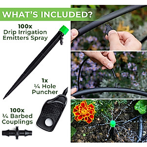 CARPATHEN Drip Irrigation Emitters Spray - 100 pcs Drip Sprinkler Head for 1/4 inch Drip Irrigation Tubing + 1/4 Drip Irrigation Tubing - 100 ft Black Drip Irrigation Hose