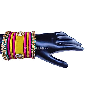 GOELX Festive Offer: Rani Pink Green and Gold Silk Thread Handcrafted Bangle Bracelet for Women - 2.4