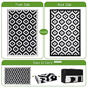 Easy-Going Reversible Outdoor Rugs 4x6ft Waterproof Plastic Straw Rug Stain & UV Resistant Floor Mat for Patio Porch RV Backyard Pool Deck Picnic Beach Trailer Camping (Diamond/Black & White)
