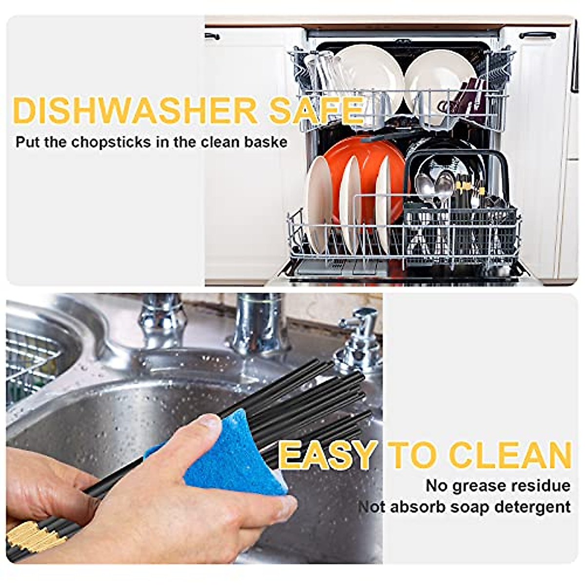 10 Pairs Reusable Chopsticks Dishwasher Safe,9.5 Inch Fiberglass Chopsticks Set, Japanese Chinese Korean Chopsticks for Food, Non-Slip, Easy to Use (Black Chopsticks)