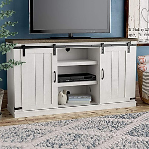 Asifom Television Stands Entertainment Centers Modern Farmhouse Wood TV Stand for TVs up to 65 Inch, Home Living Room Storage Table Cabinet Doors and Shelves Stone Grey
