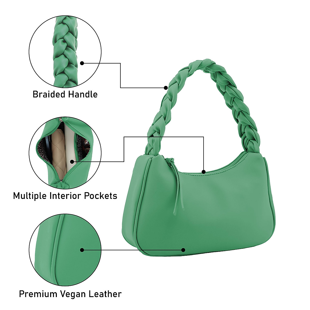 Emperia Braided Top Handle Shoulder Bag For Women, Trendy Designer Small Hobo Tote Handbag_Kelly Green