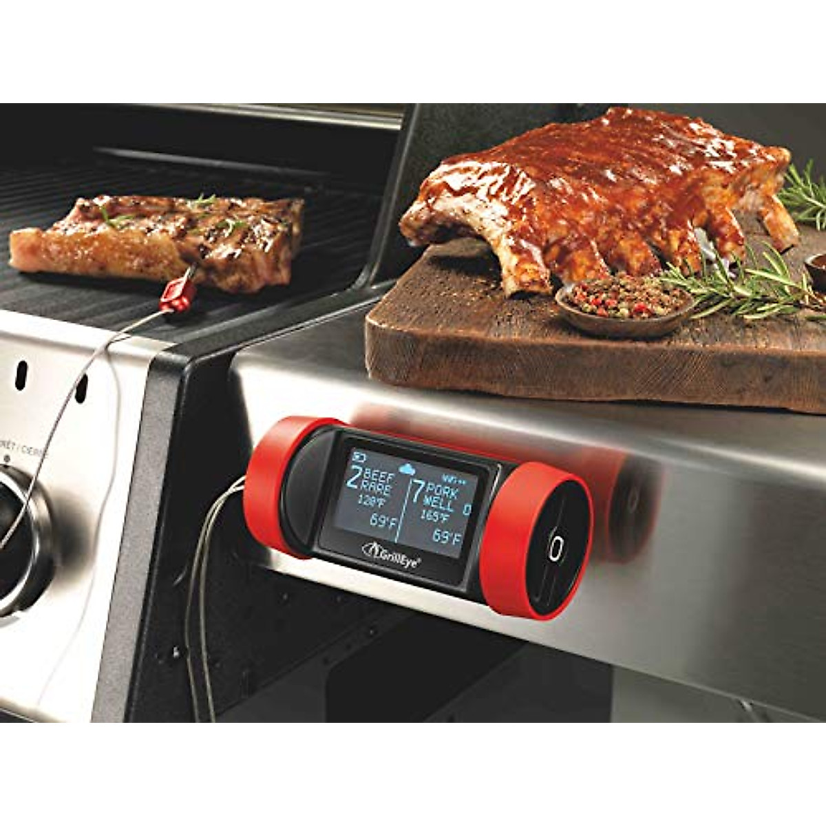 GrillEye GE0003 Pro Plus Grilling & Smoking Thermometer with Hybrid-Wireless Technology & Cloud Monitoring, Red Black