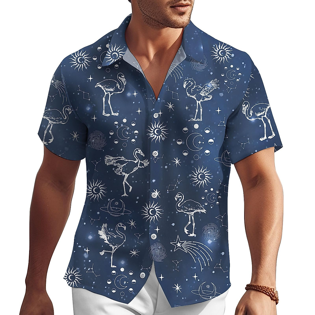 Funny Animal Button Up Shirt for Men, Wild Animal Print Hawaiian Shirt Unisex, Men's Short Sleeves Shirt, Flamingo Partern (Large)