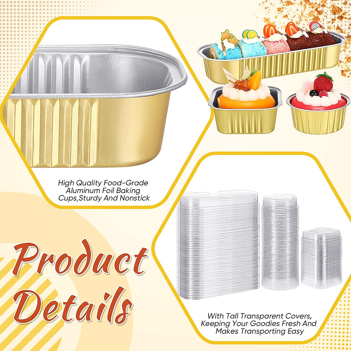 150 Pcs Mini Cake Pans with Lids Disposable Ramekins 6.8 oz 5 oz Aluminum Foil Cupcake Baking Cups, Rectangle Round Square Cupcake Liners Cake Tins for Flan Muffin Dessert Party Favors, Gold