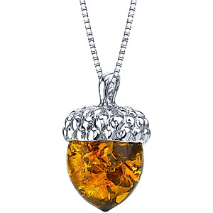PEORA Genuine Baltic Amber Acorn Pendant Necklace for Women 925 Sterling Silver, Rich Cognac Color, with 18 inch Chain