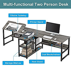 Tribesigns 94.5 inch Two Person Desk with Storage Shelves and Tiltable Tabletop, Double Computer Desk with Printer Shelf, Extra Long Double Workstation Desk Study Table for Home Office (Grey)