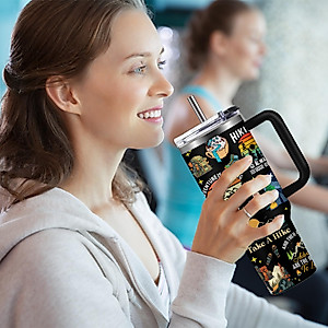 HYMONA 40oz Insulated Hiking Water Bottle - Double Wall Vacuum Coffee Tumbler for Outdoor Adventures, Camping Travel Mug with Straws (Mountain Design), Perfect Hiker Gift for Men & Women